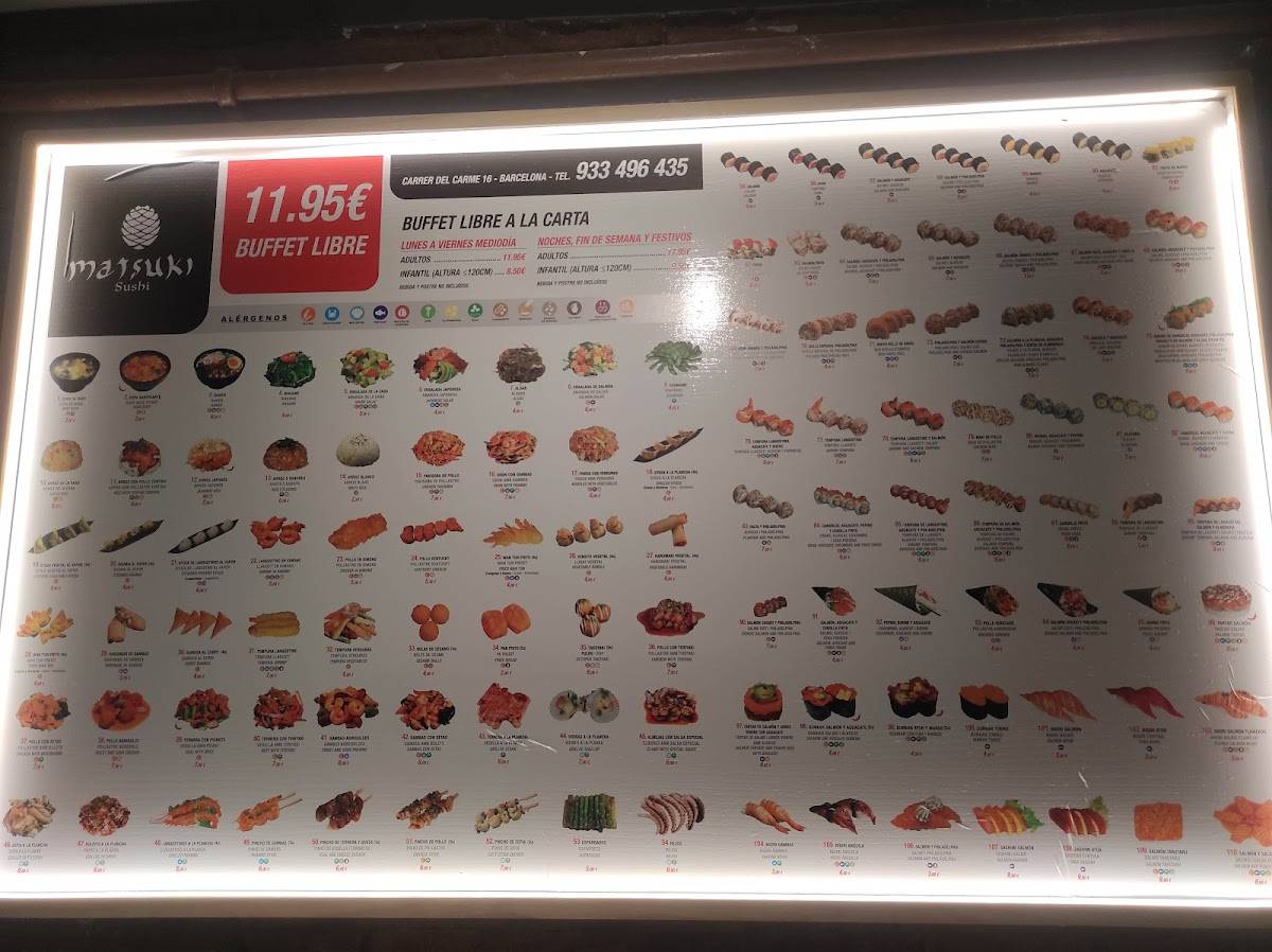 Carta del restaurante Matsuki Sushi, Barcelona