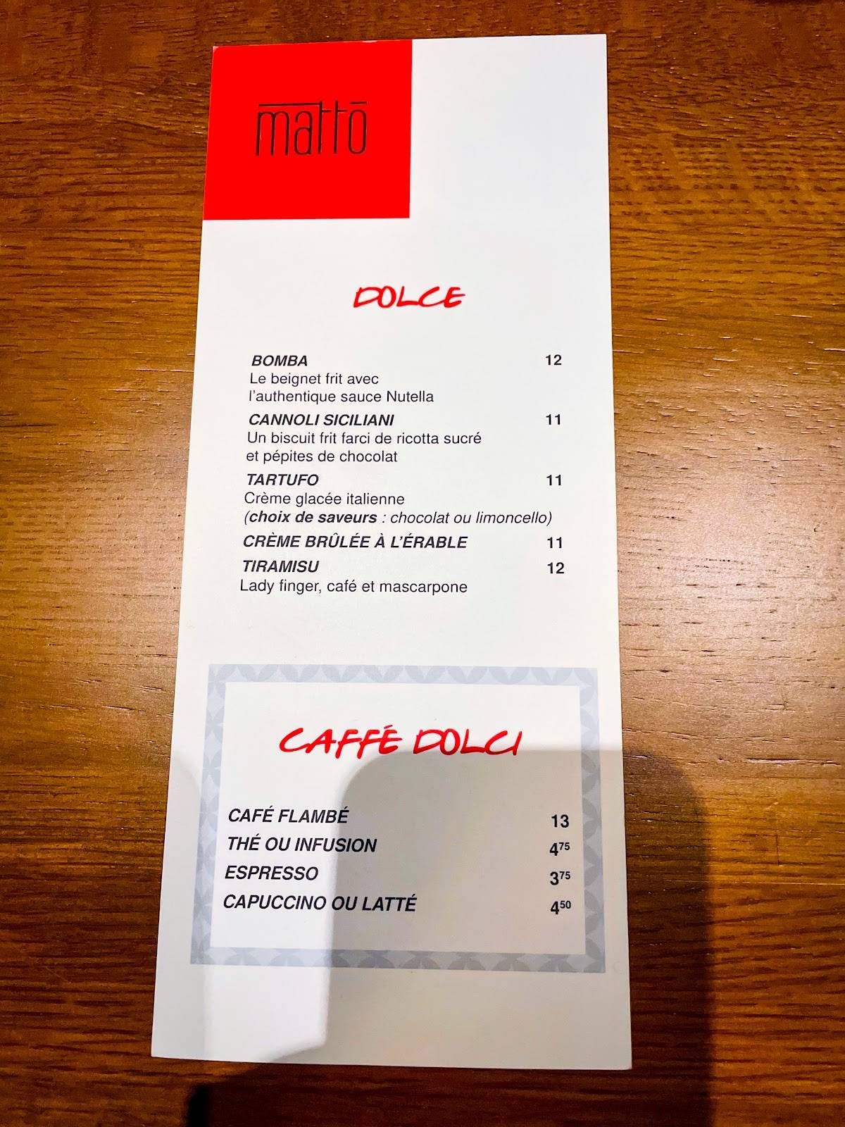 Menu au Matto Lévis restaurant, Levis