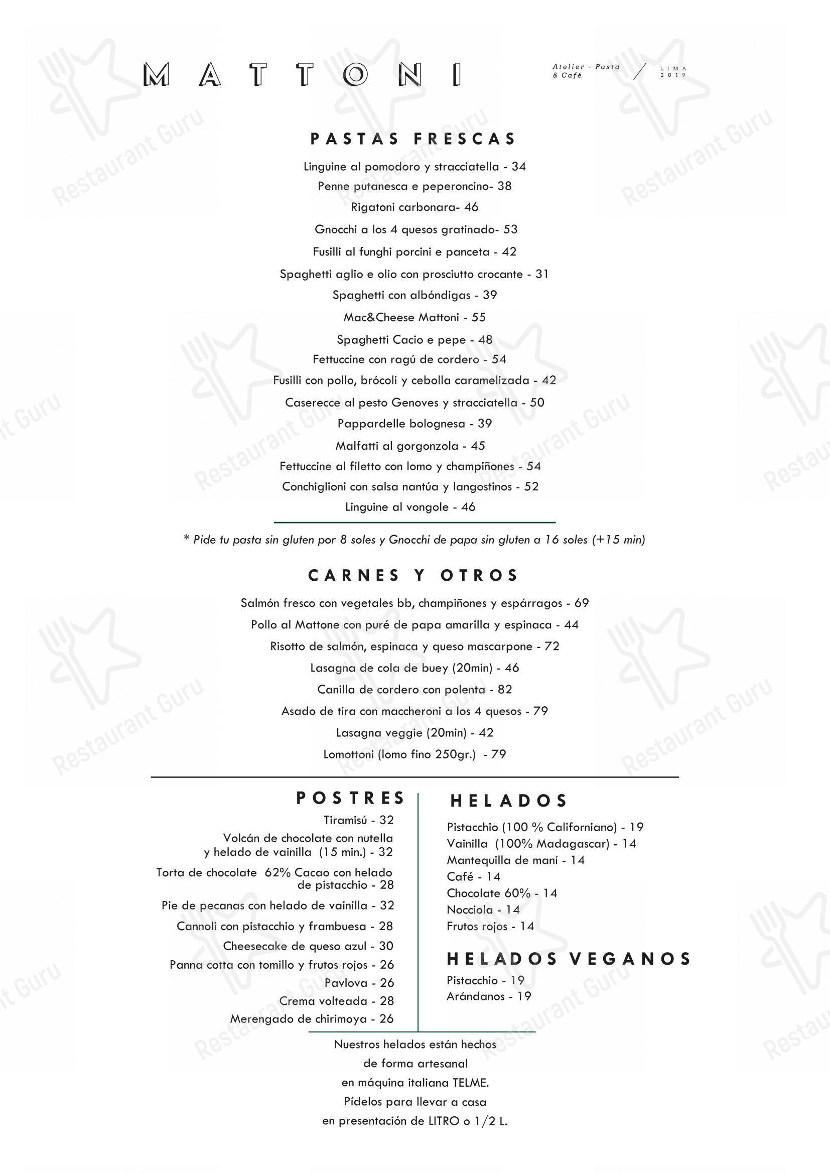 Carta del restaurante Mattoni, Miraflores