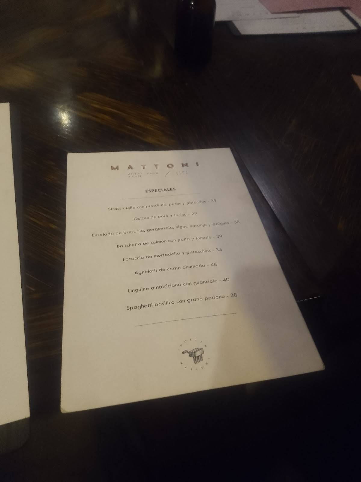 Carta del restaurante Mattoni, Miraflores