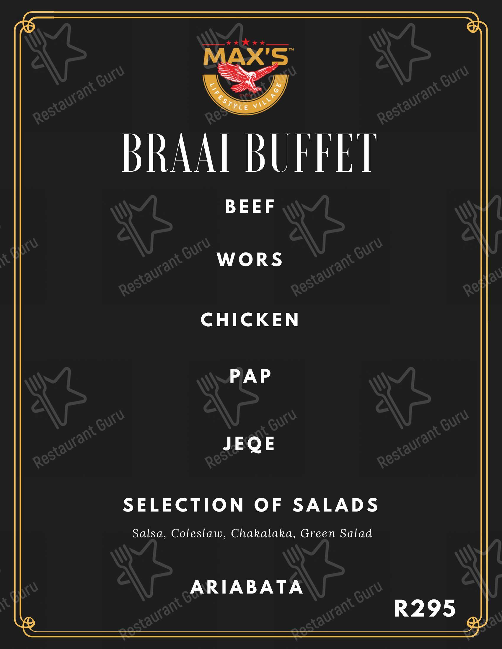 Menu at Max's Lifestyle pub & bar, Durban, Durban