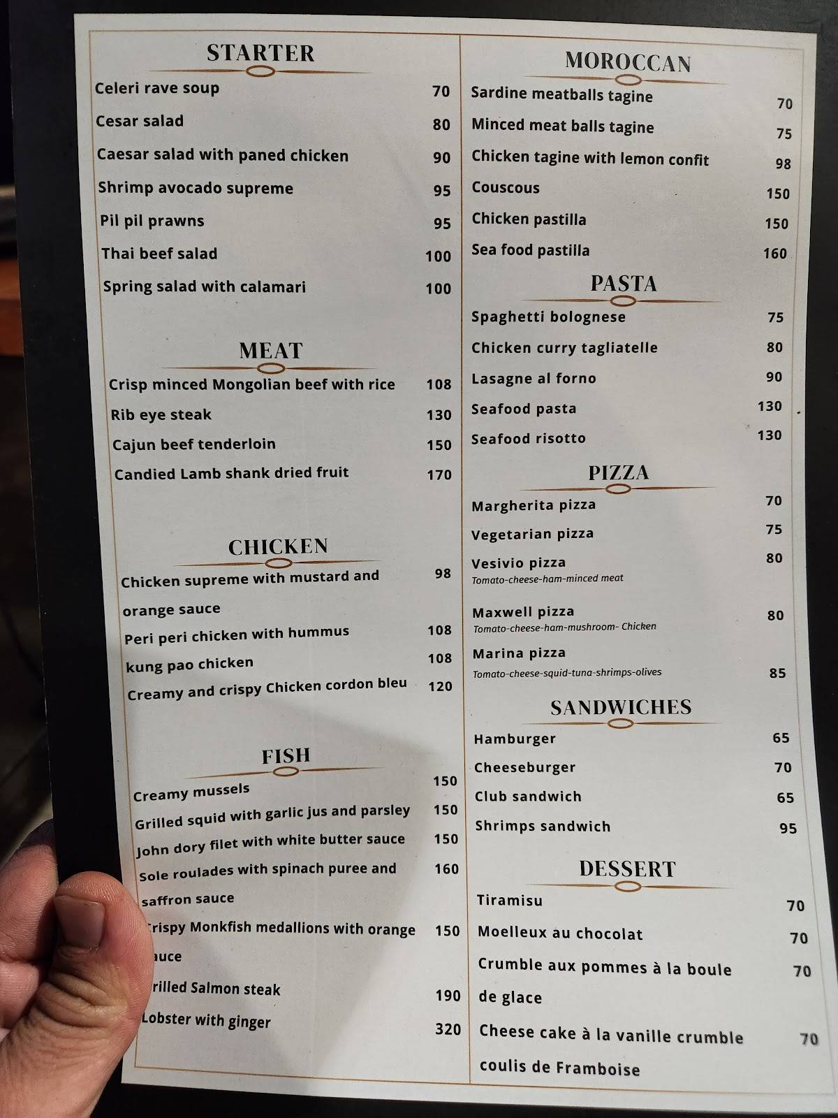 Menu at Le Maxwell restaurant, Agadir
