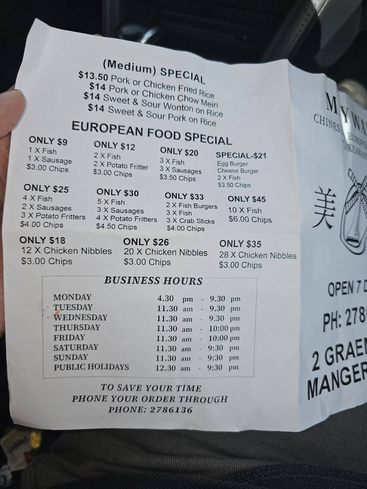 Menu at May Wah Takeaways fast food, Auckland