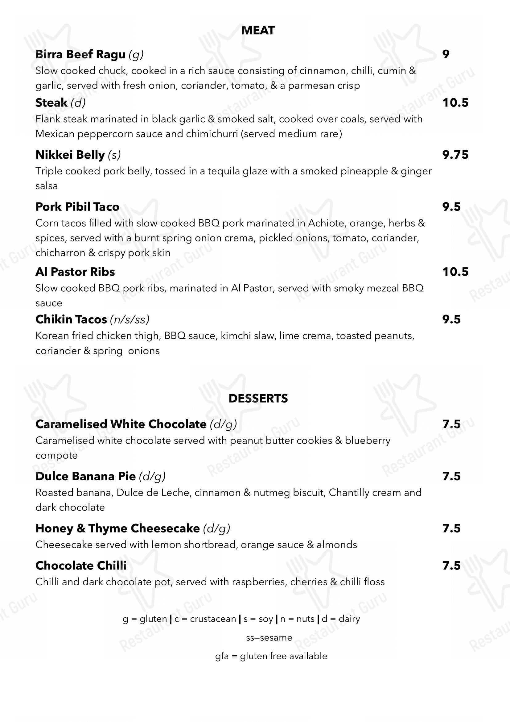Menu at Maya restaurant, Portsmouth