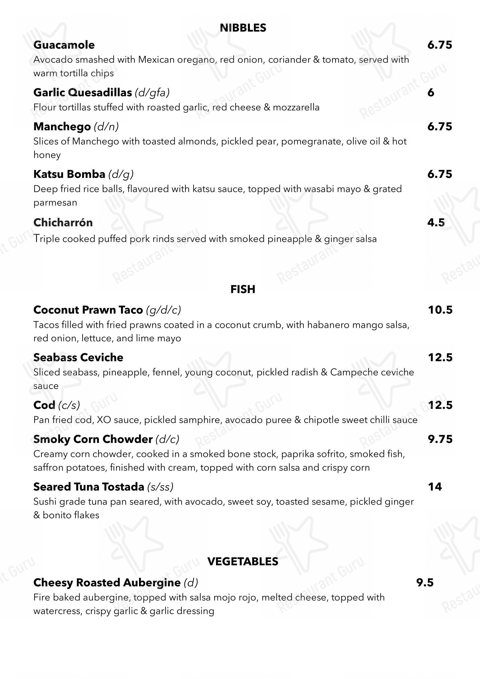 Menu at Maya restaurant, Portsmouth