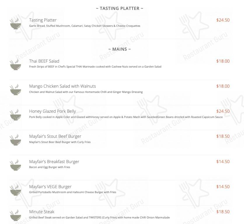 Menu at Mayfair Cafe, Upper Hutt