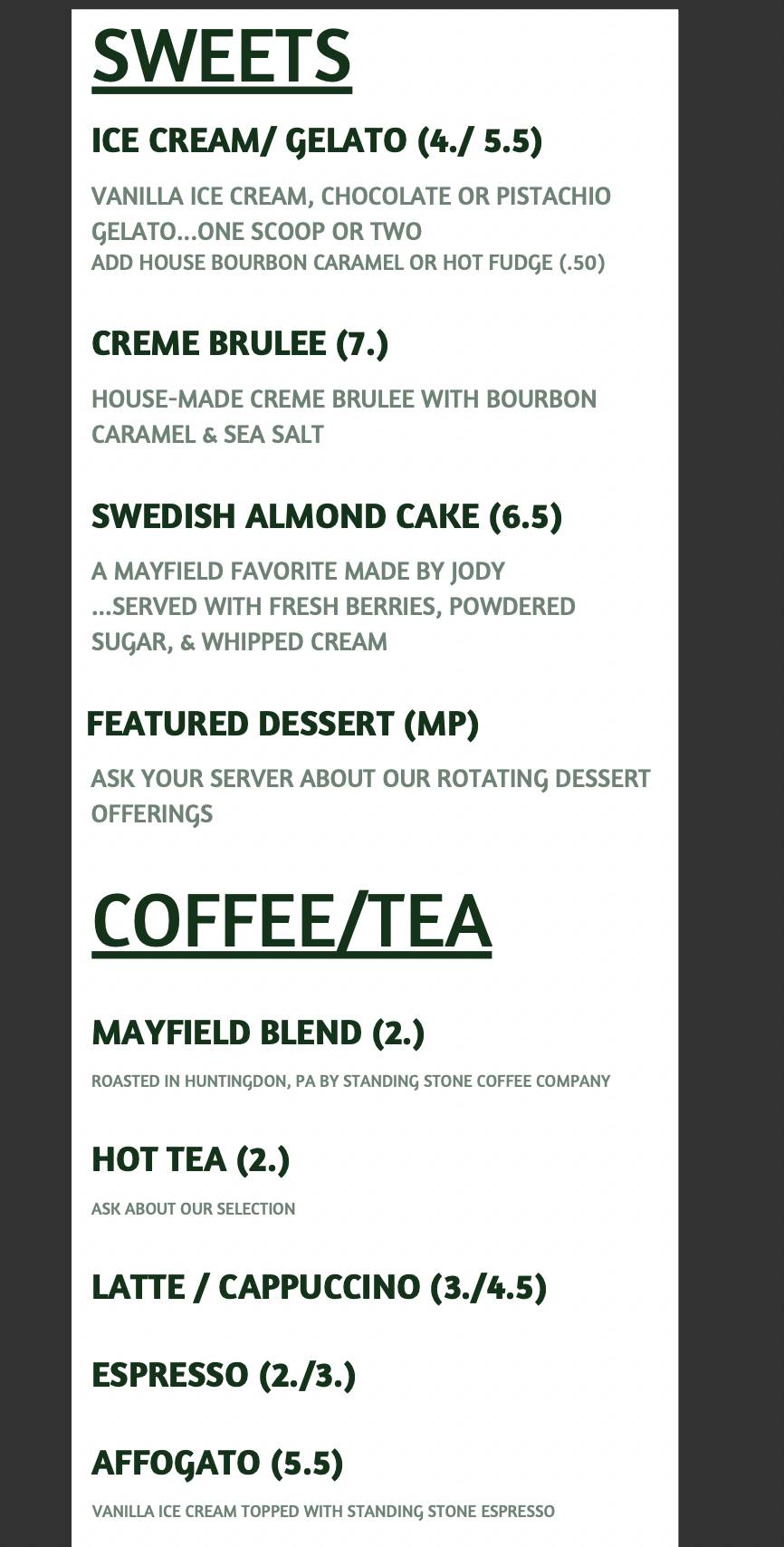 Menu at Mayfield restaurant, Hollidaysburg