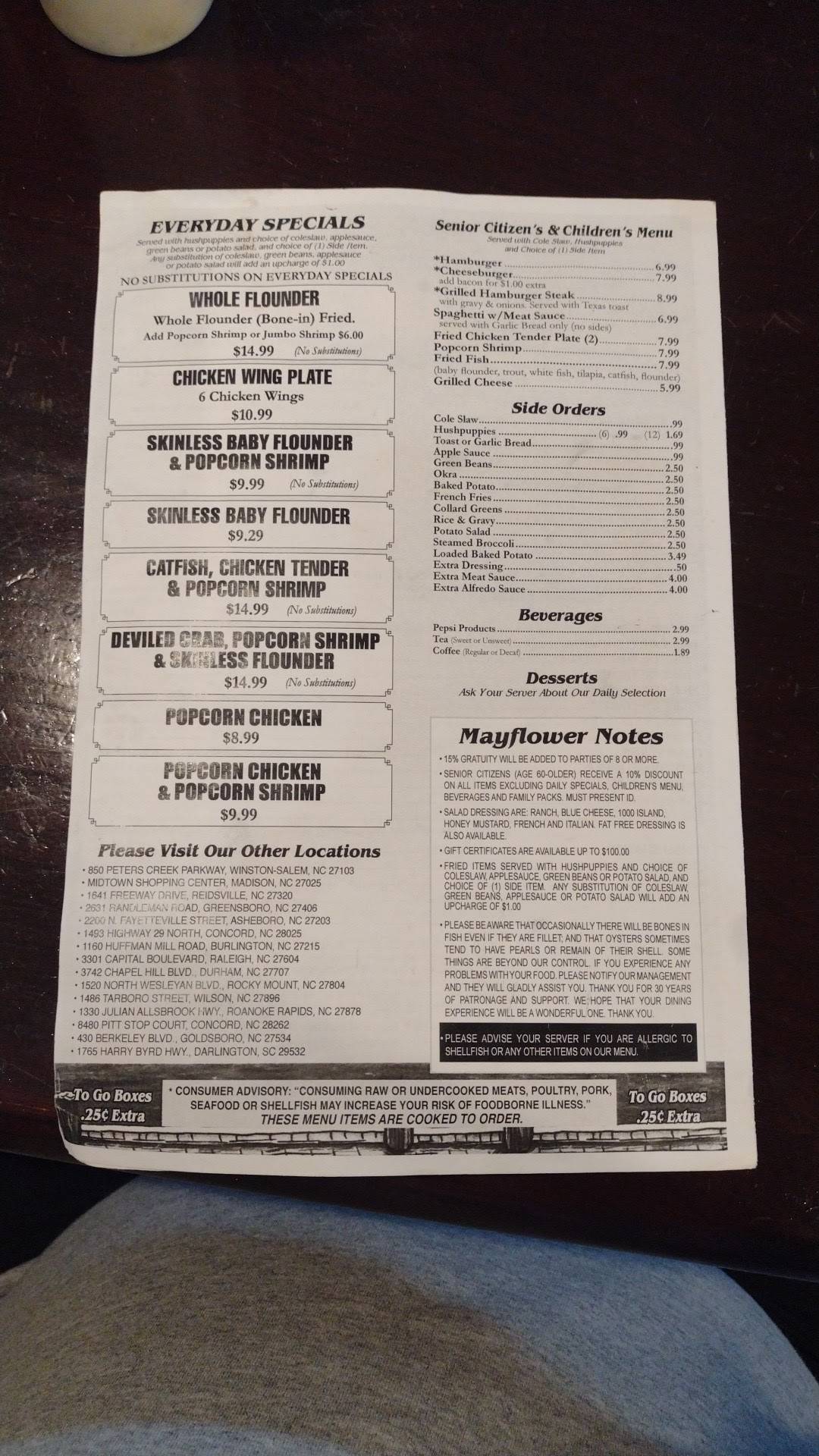 Menu at Mayflower Seafood Restaurant Greenville, Winterville