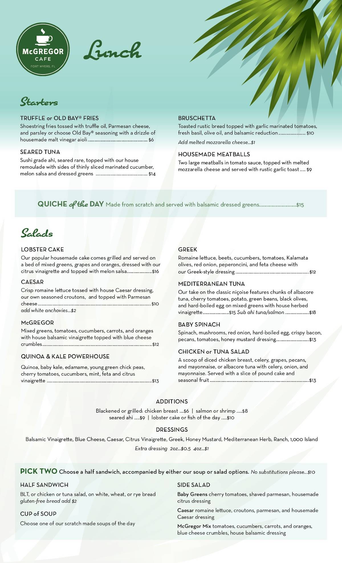 Menu at McGregor Cafe, Fort Myers, McGregor Blvd