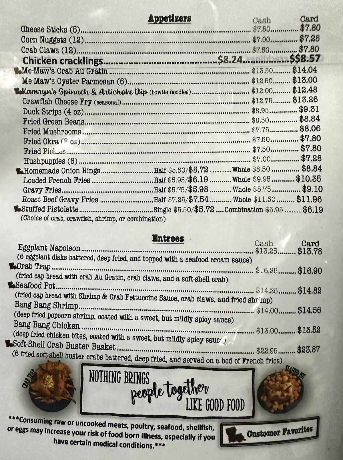 Menu at Me-Maw's Cajun Cuisine BBQ, Galliano