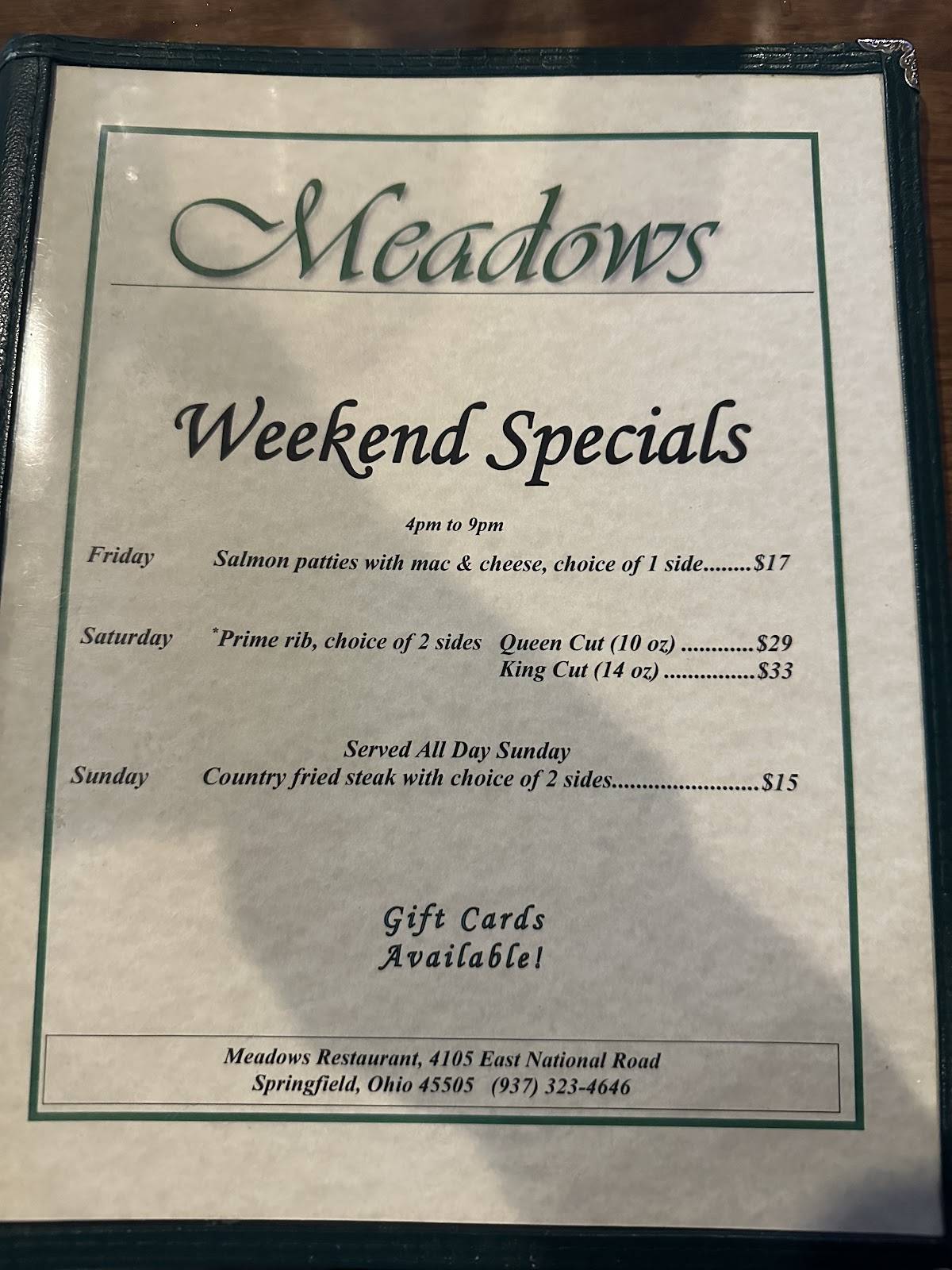 Menu at Meadows Restaurant, Springfield