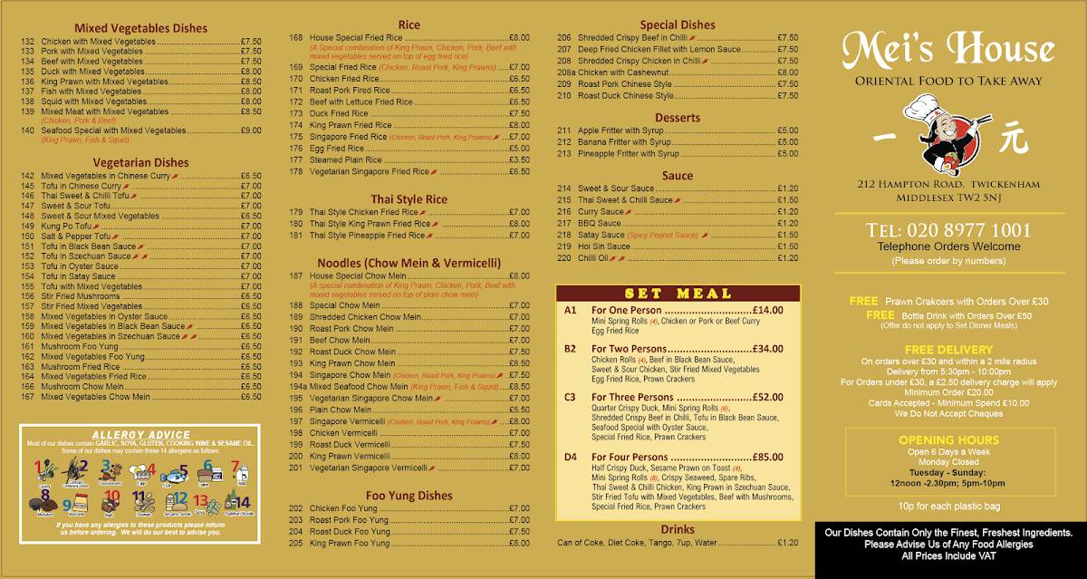Menu at Mei's House fast food, London, 212 Hampton Rd