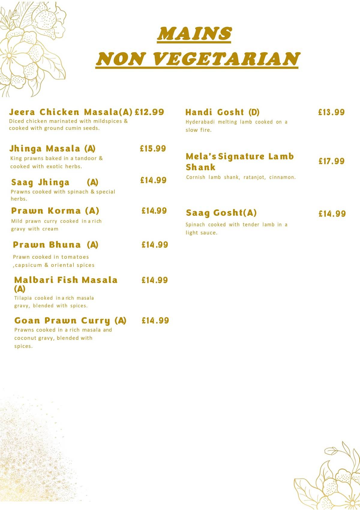 Menu at Mela Restaurant Fine Dining Restaurant in Ealing Best Indian ...