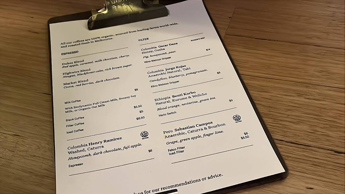 Menu at Dukes Coffee Roasters cafe, Melbourne, 247 Flinders Ln