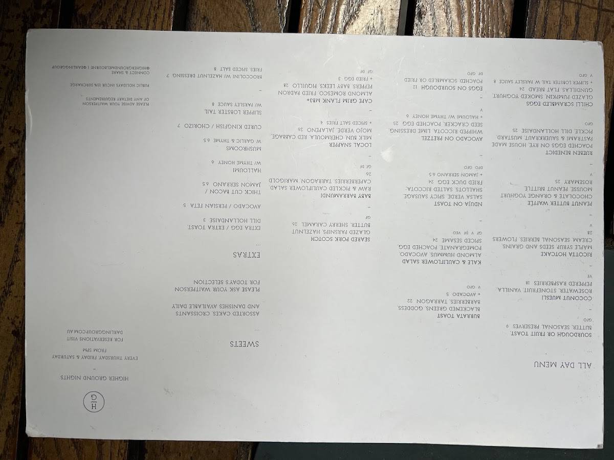 Menu at Higher Ground cafe, Melbourne