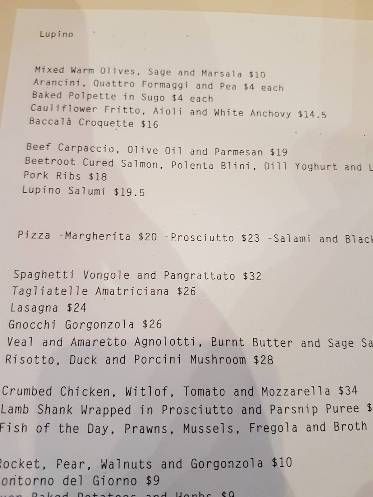 Menu at Lupino restaurant, Melbourne