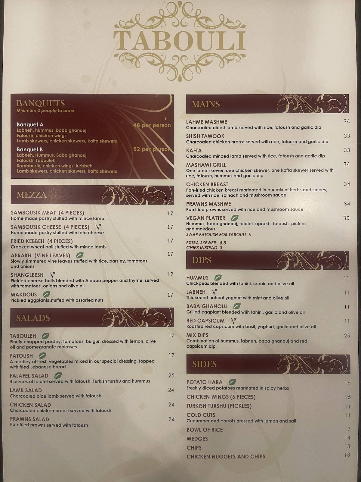 Menu at Tabouli restaurant, Melbourne