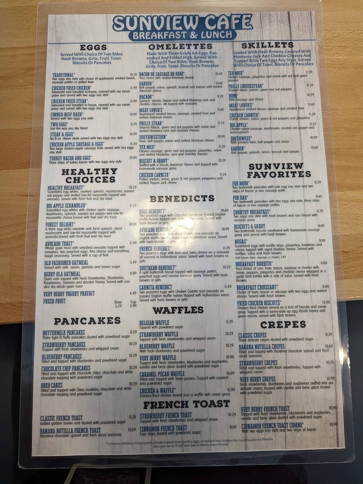 Menu at Sunview Cafe, Melissa