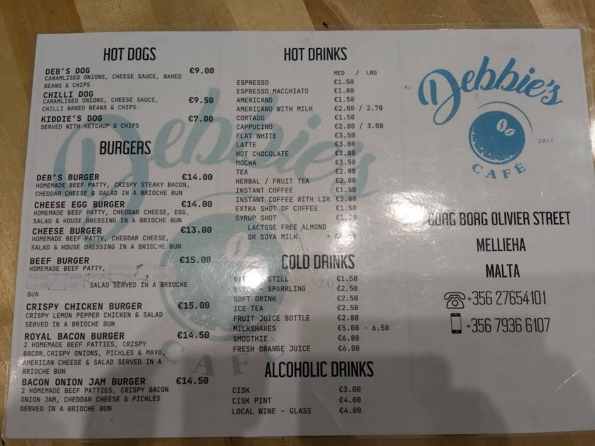 Menu at Debbie's Cafe, Mellieha