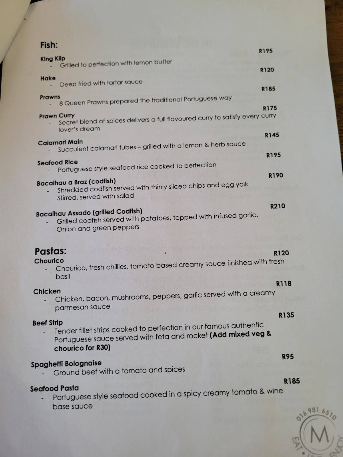 Menu at Memories restaurant, Vanderbijlpark, Corner Hendrick van Eck