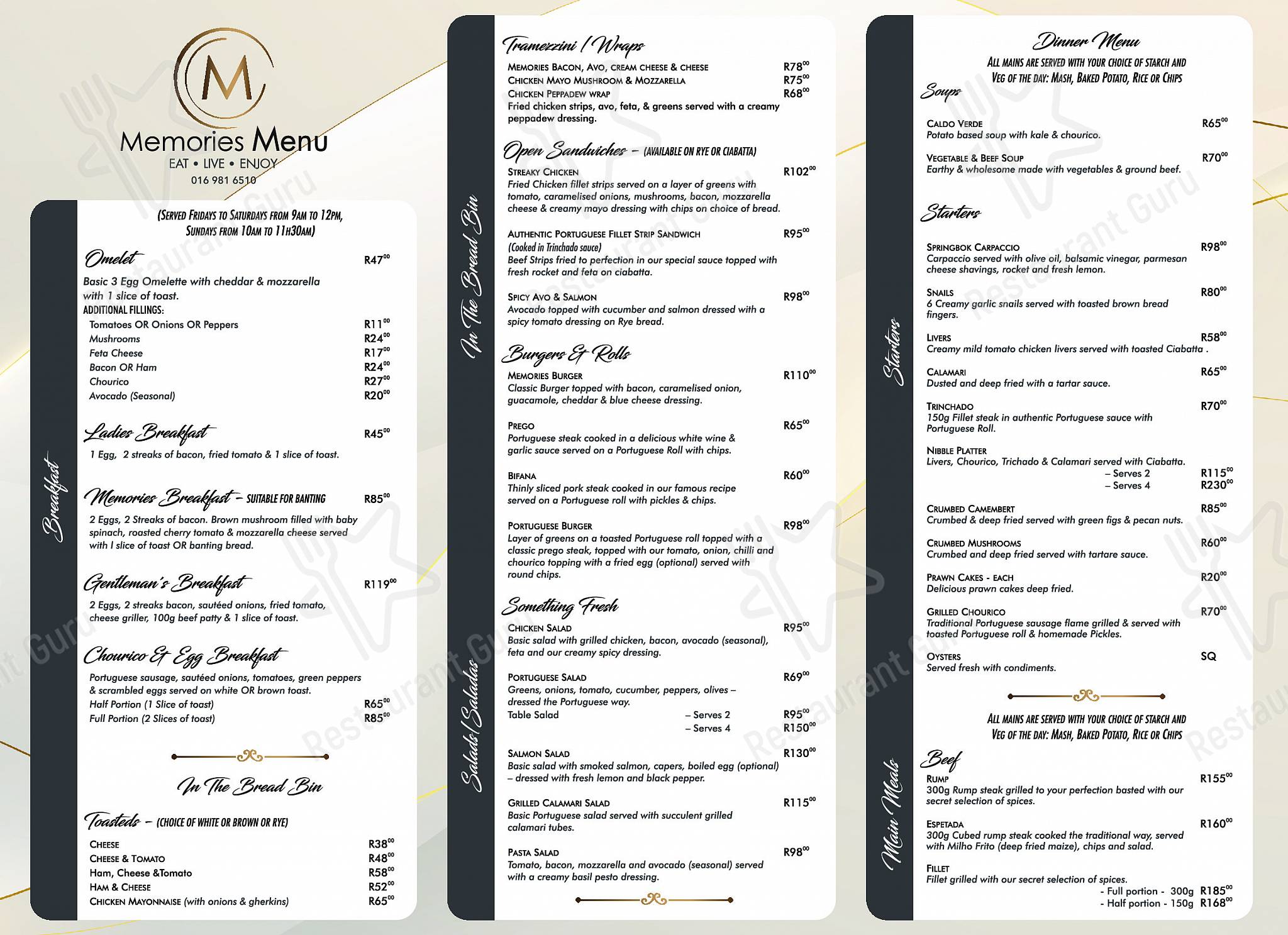 Menu at Memories restaurant, Vanderbijlpark, Corner Hendrick van Eck