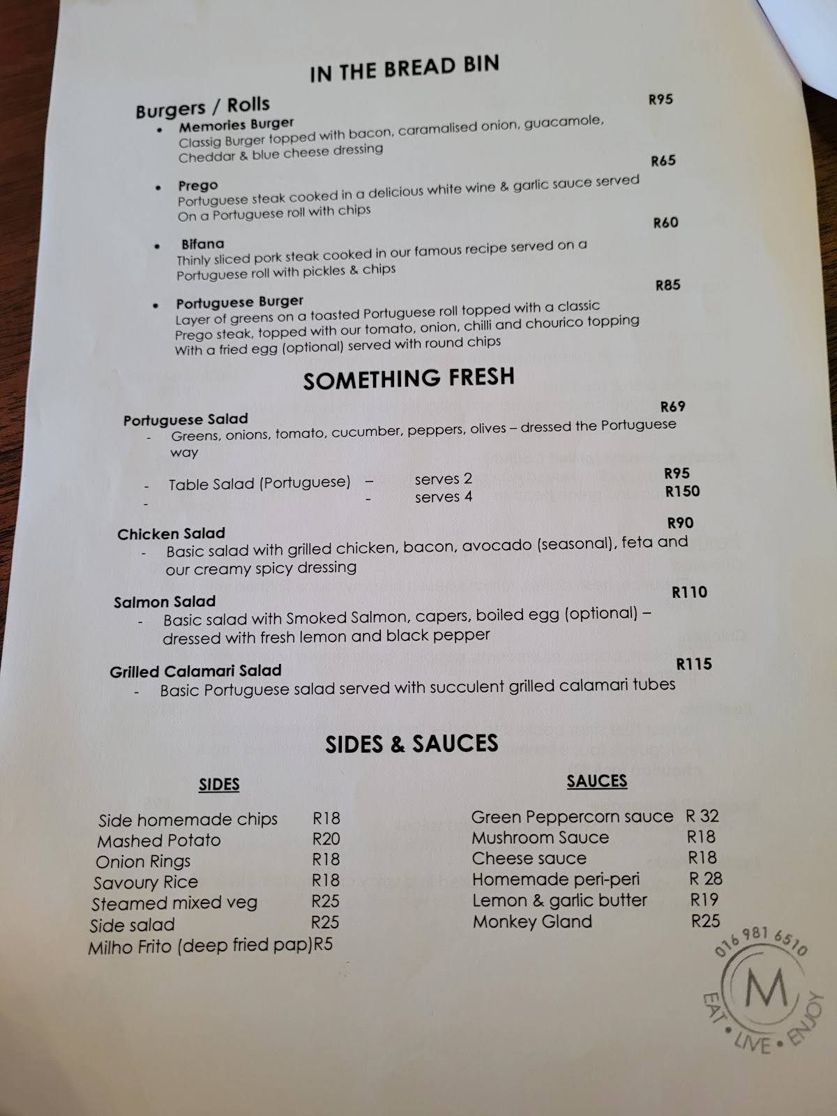 Menu at Memories restaurant, Vanderbijlpark, Corner Hendrick van Eck