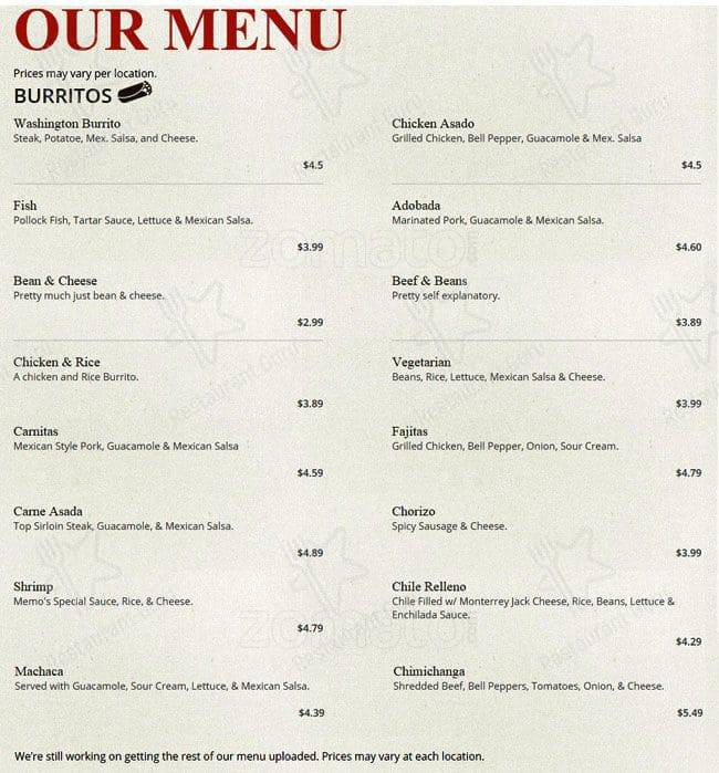 Menu at Memo's Mexican Restaurant, Everett