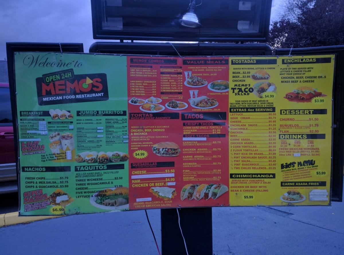 Menu at Memo's Mexican Restaurant, Everett