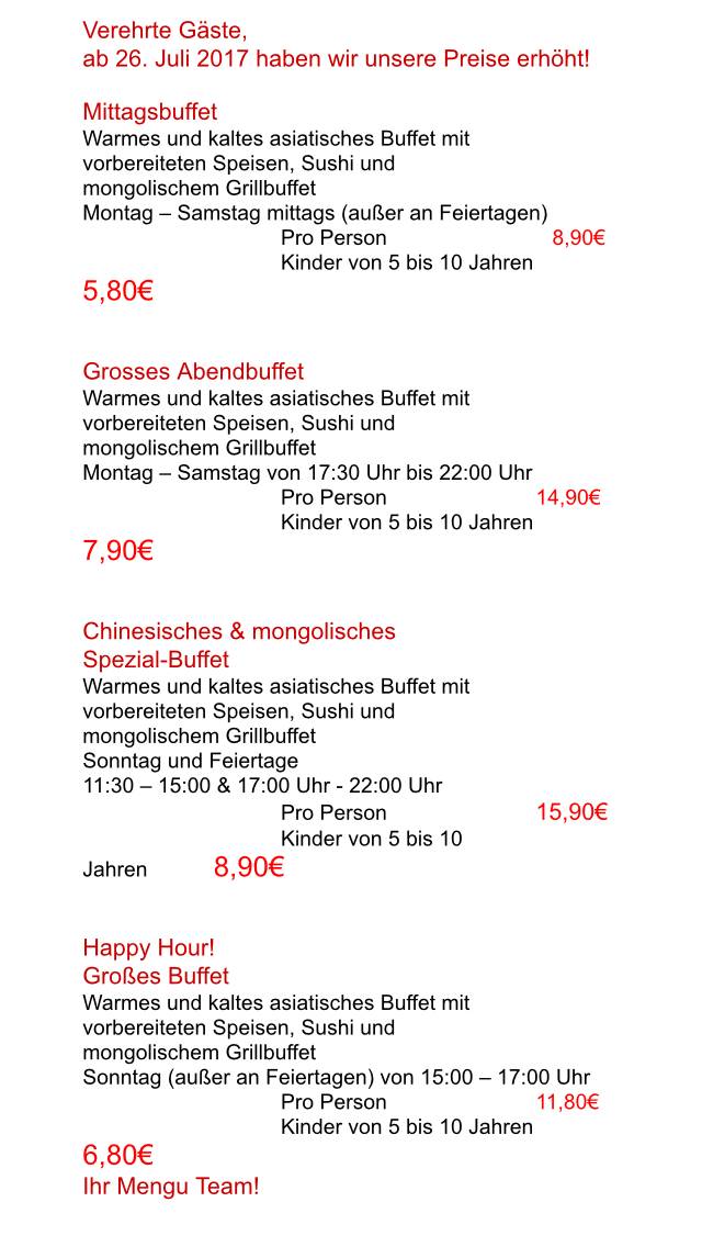 Speisekarte von Mengu Buffet restaurant, Kevelaer