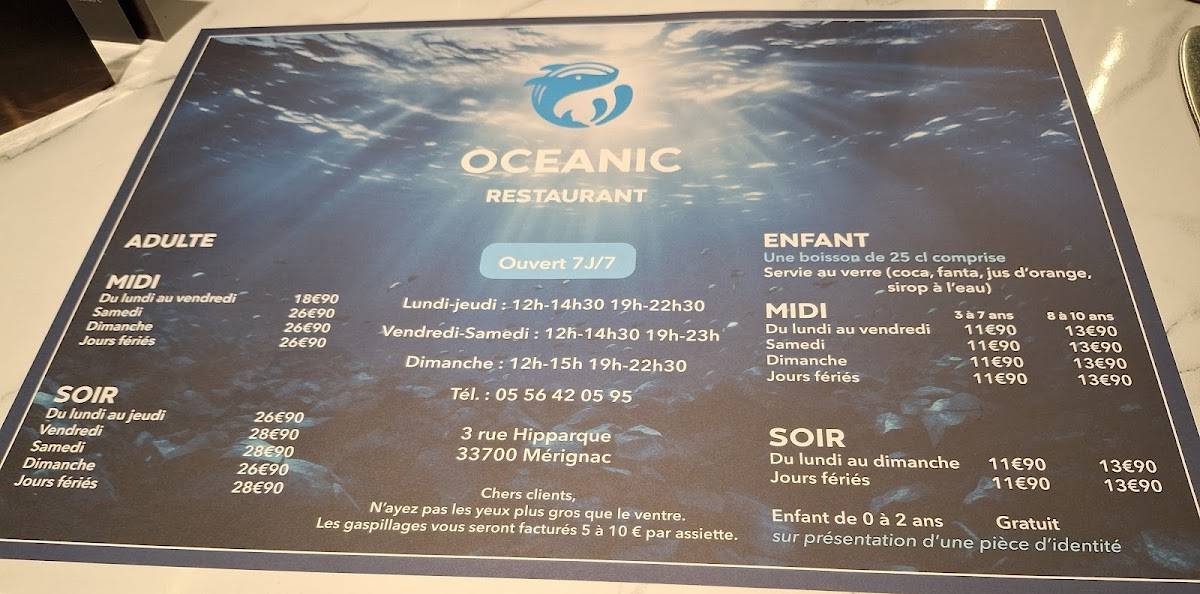 Menu au OCEANIC restaurant, Mérignac