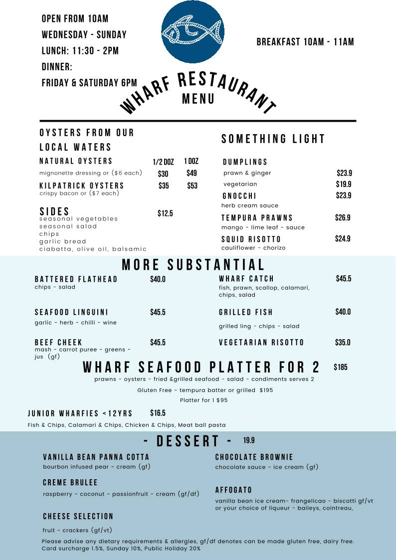 Menu at Merimbula Aquarium & Wharf Restaurant, Merimbula