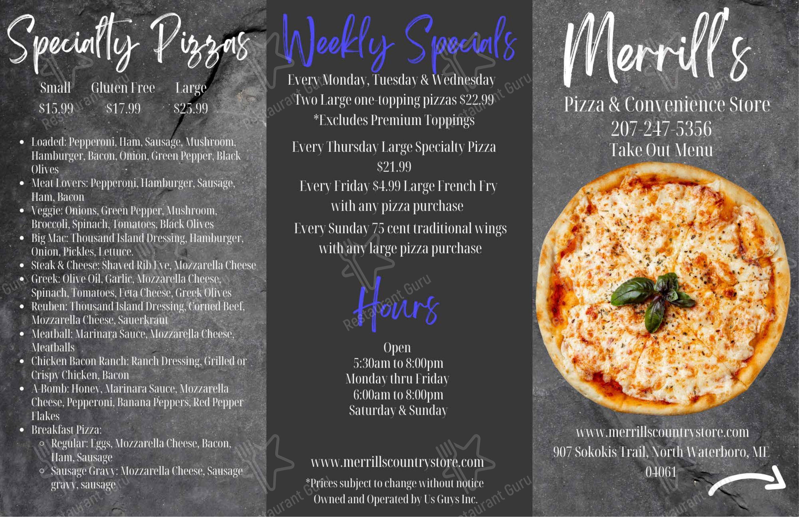 Menu at Merrill's Country Store pizzeria, Waterboro