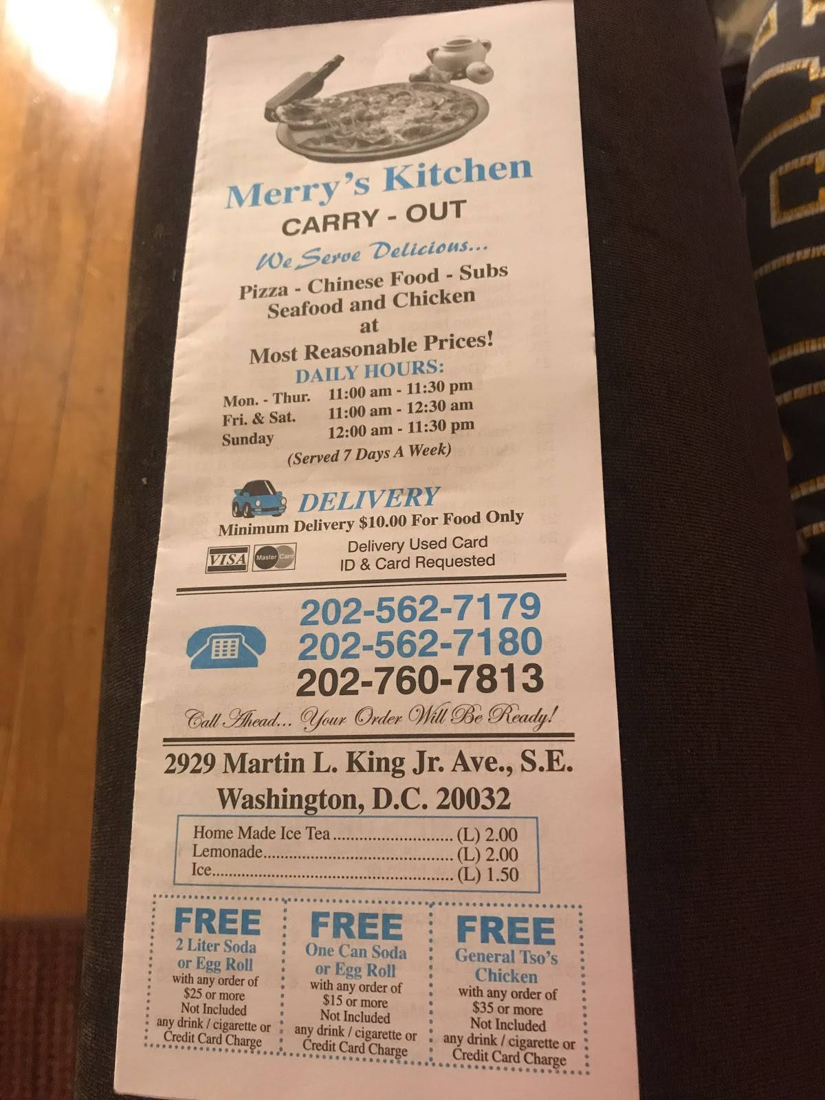 Menu at Merry's Kitchen restaurant, Washington, Martin Luther King Jr ...