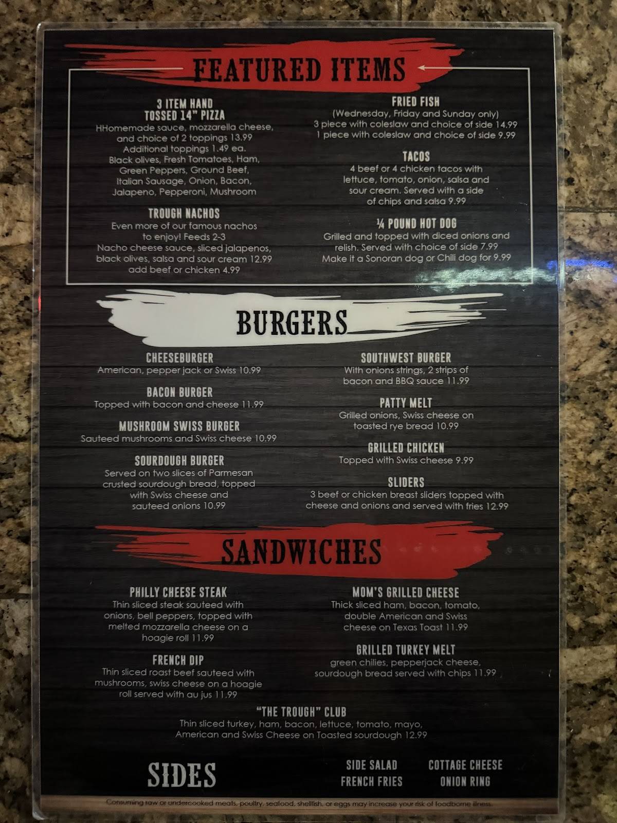 Menu at The Trough pub & bar, Mesa