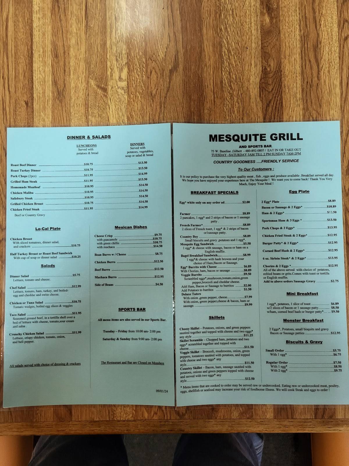 Menu at Mesquite Grill and Sports Bar, Gilbert