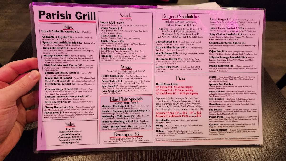 Menu at Parish Grill pizzeria, Metairie
