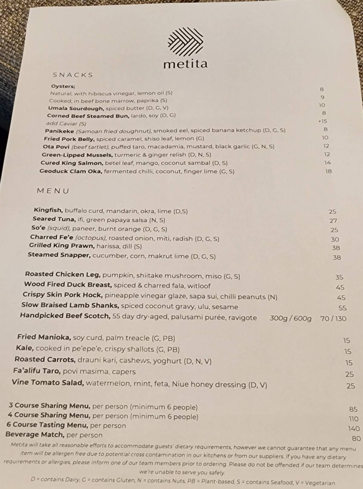 Menu at Metita restaurant, Auckland