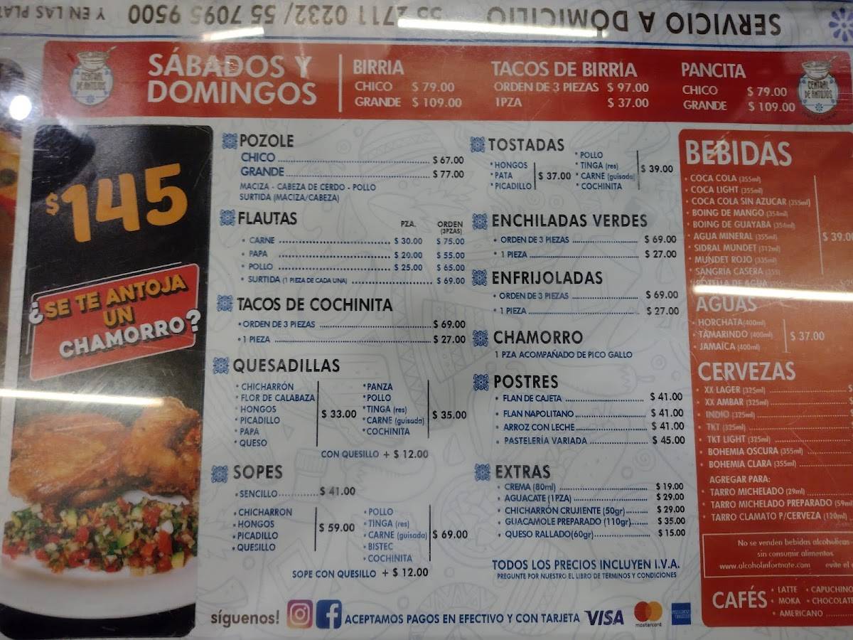 Carta del restaurante Central del Antojos, Ciudad del México