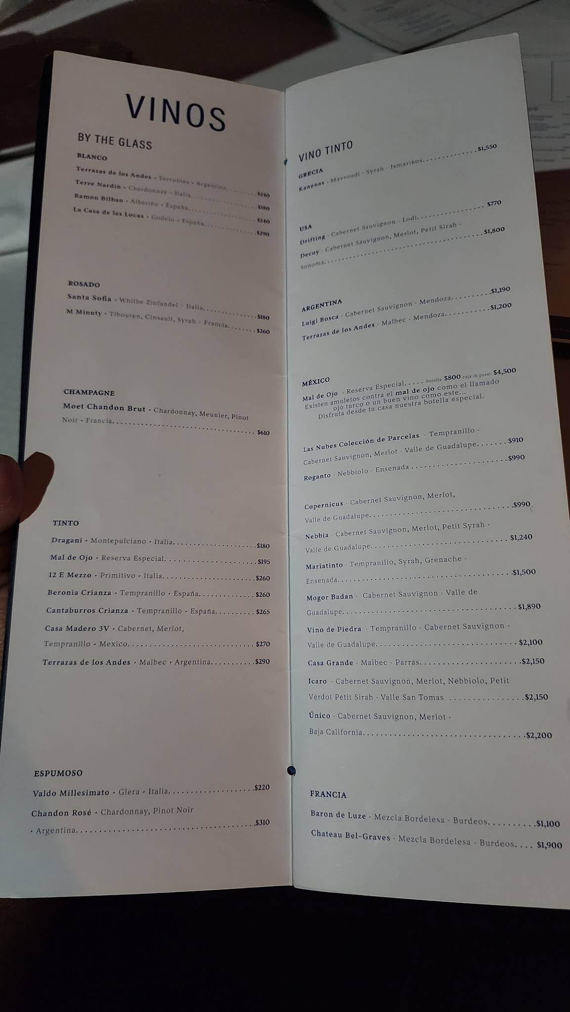Menu at Karpos Polanco restaurant, Mexico City