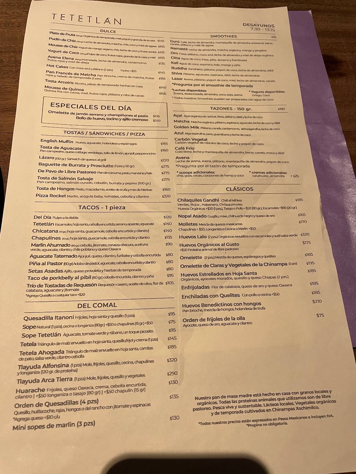 Carta del restaurante Tetetlán, Ciudad del México