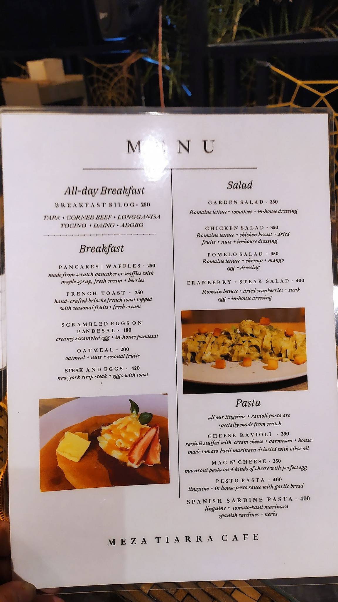 Menu at Meza Tiarra cafe, Tagaytay