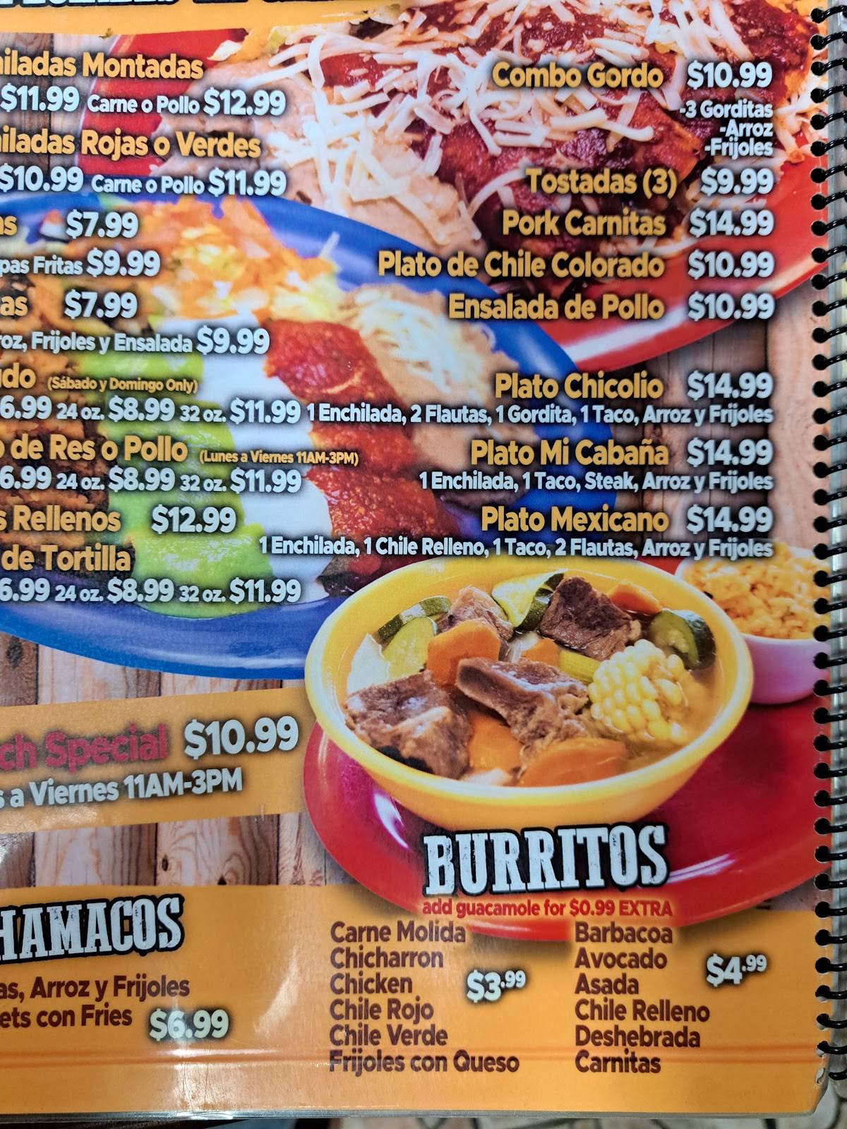 Menu at Mi Cabaña restaurant, Socorro, 657 Horizon Blvd