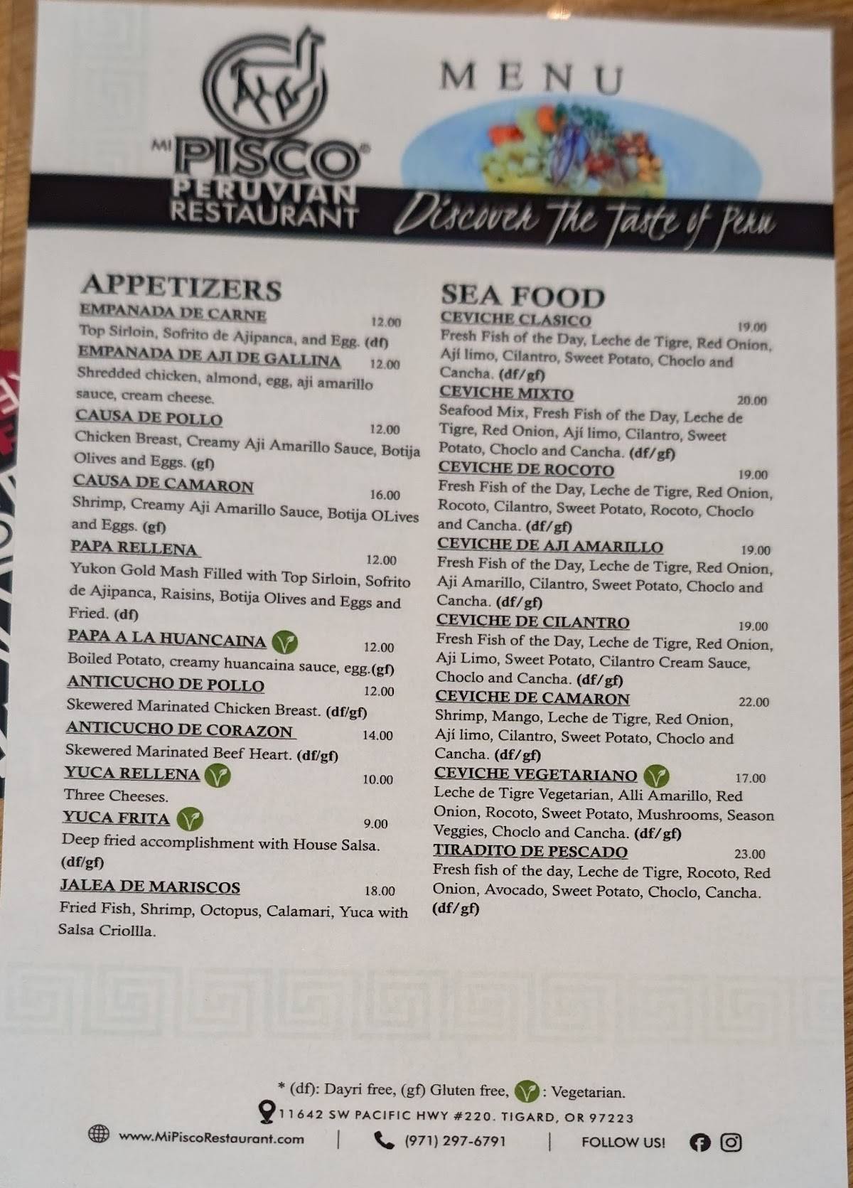 Menu at Mi Pisco Peruvian Restaurant, Tigard