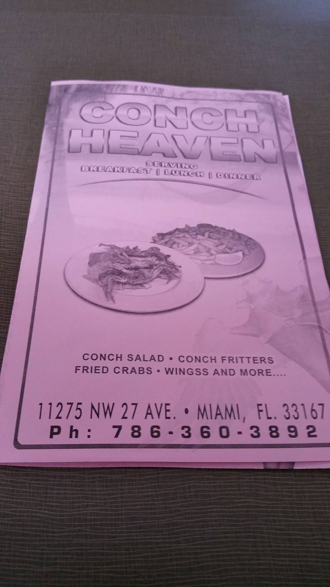 Menu at Conch Heaven restaurant, Miami, NW 27th Ave