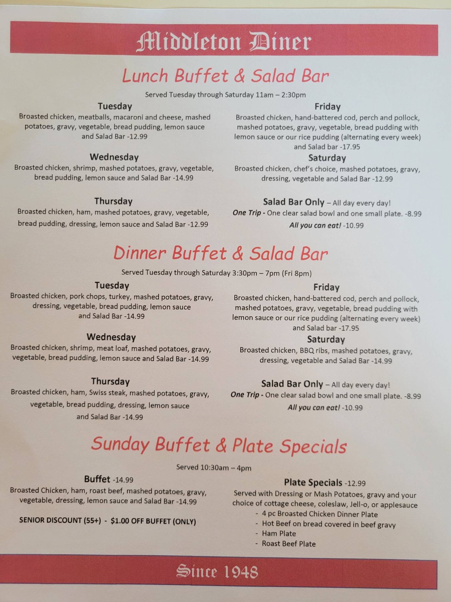 Menu at Middleton Diner restaurant, Middleton