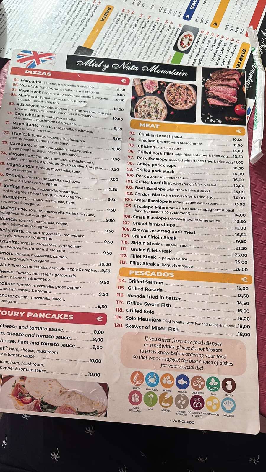 Menu at Miel y Nata restaurant, Sitio de Calahonda, C. Don José de Orbaneja