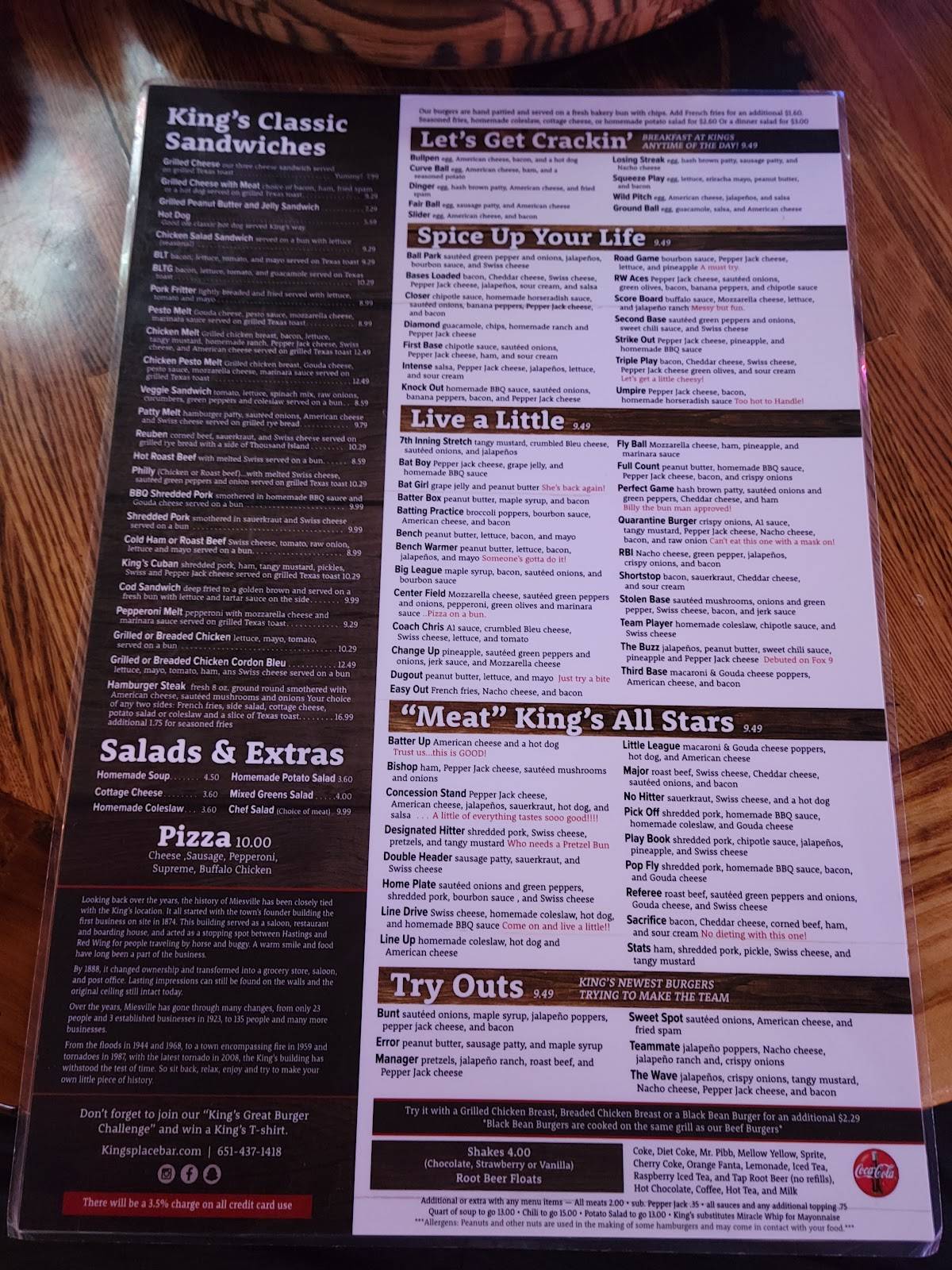 Menu at King's Place Bar and Grill, Miesville