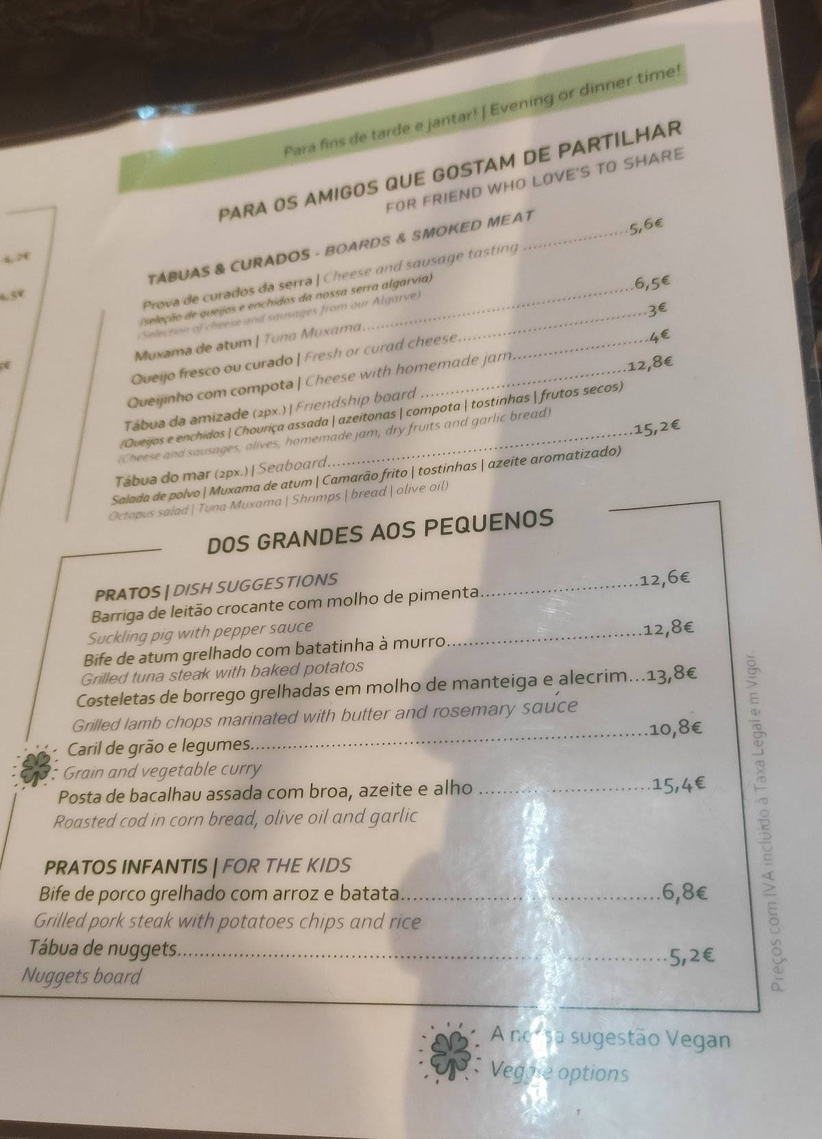 Carta del restaurante Miga, Olhão