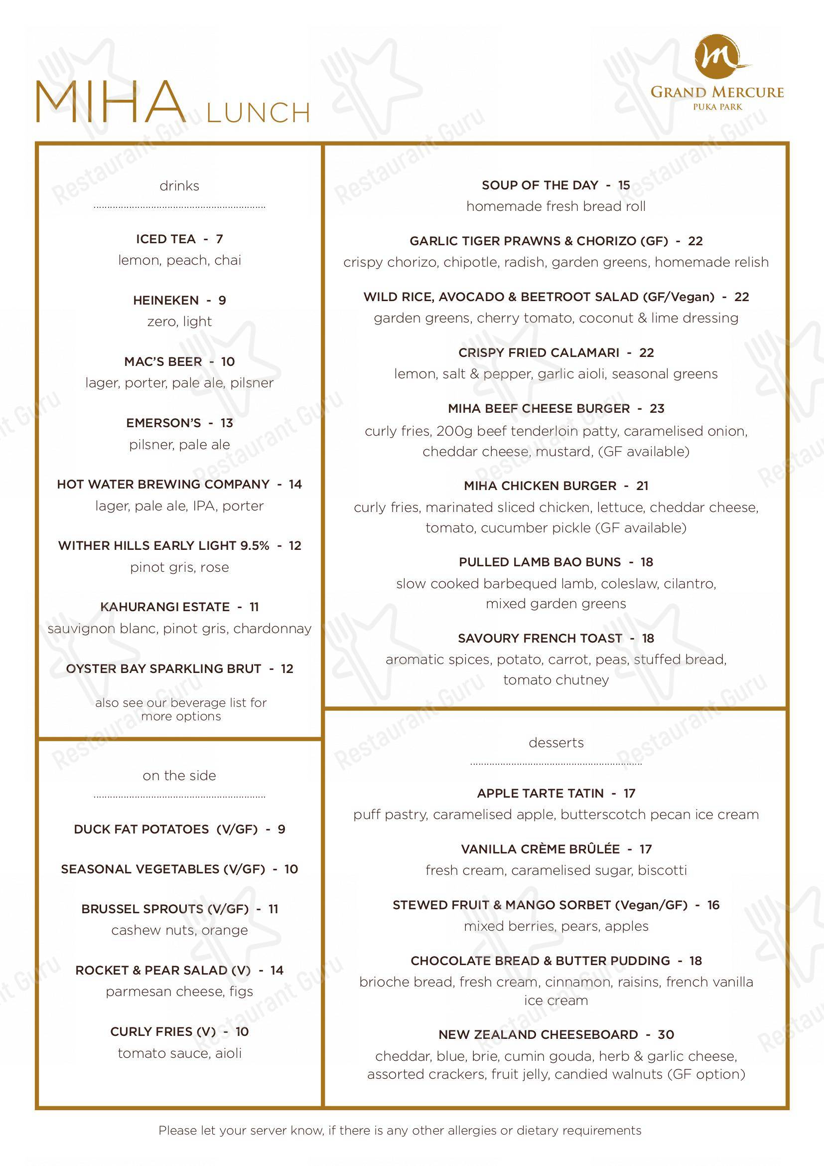 Carta de Miha Restaurant at Grand Mercure Puka Park Resort, Pauanui