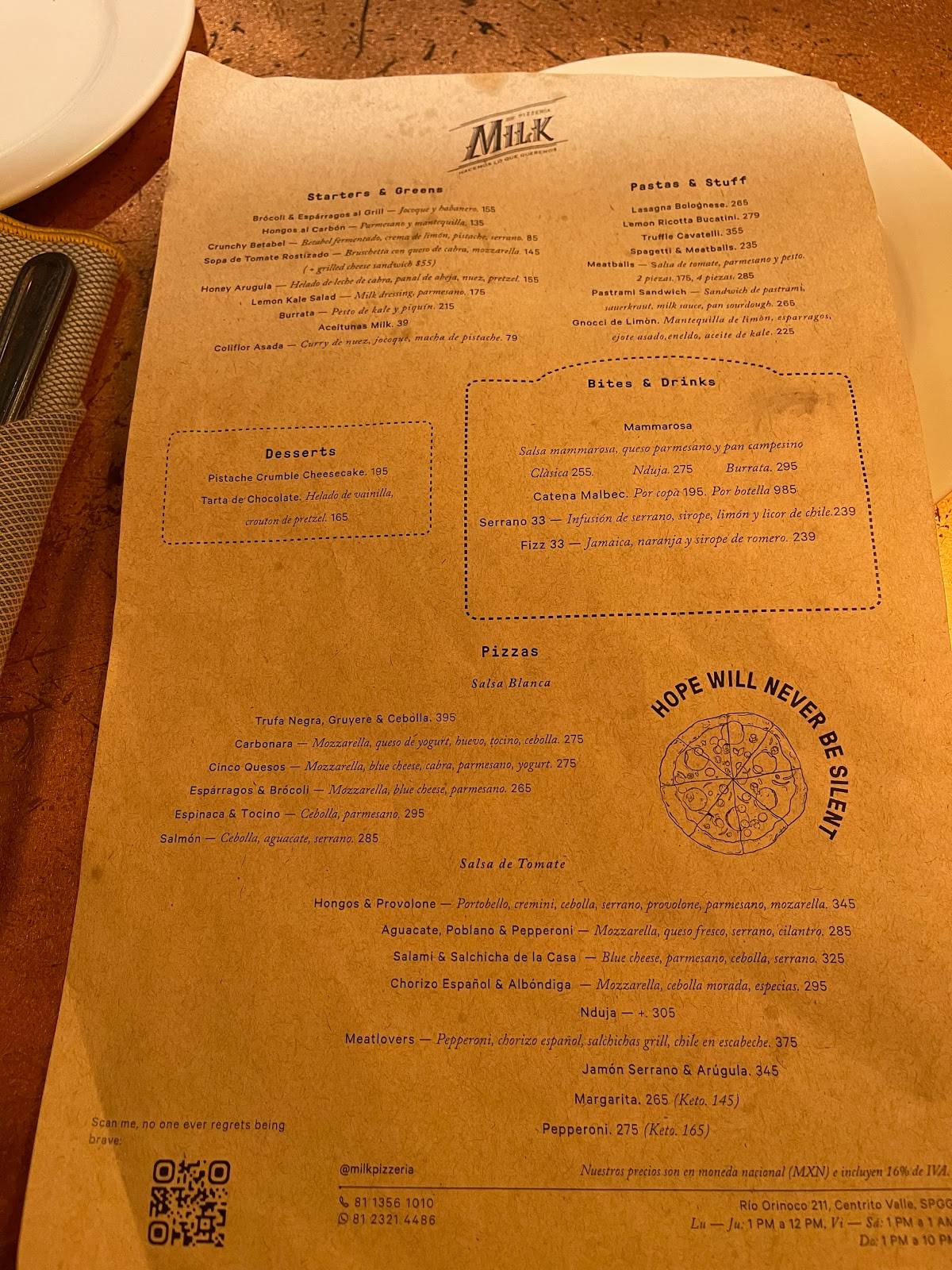 Carta de Milk Pizzería, San Pedro Garza García